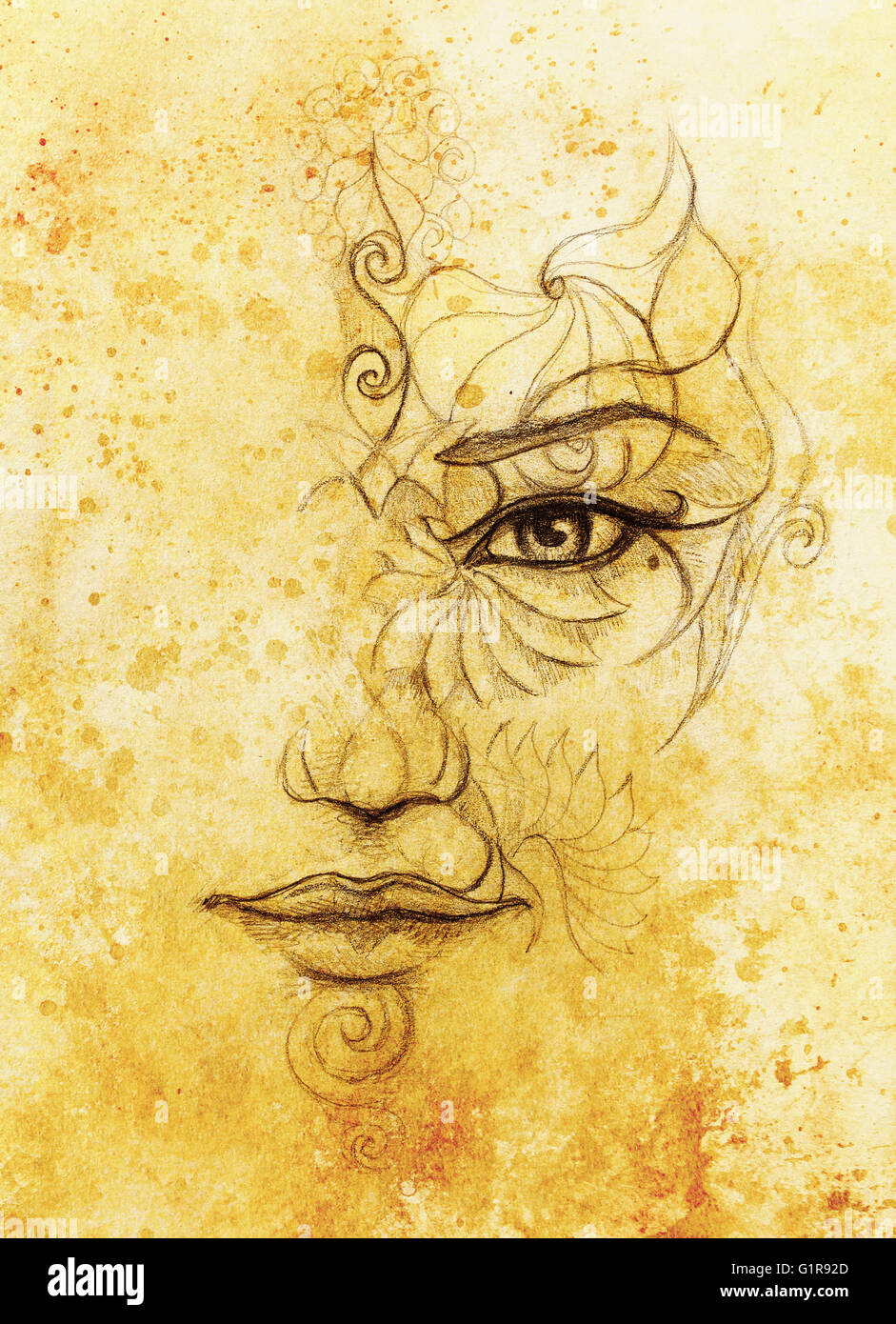mystic woman face with floral ornament. Drawing on paper, Color effect ...