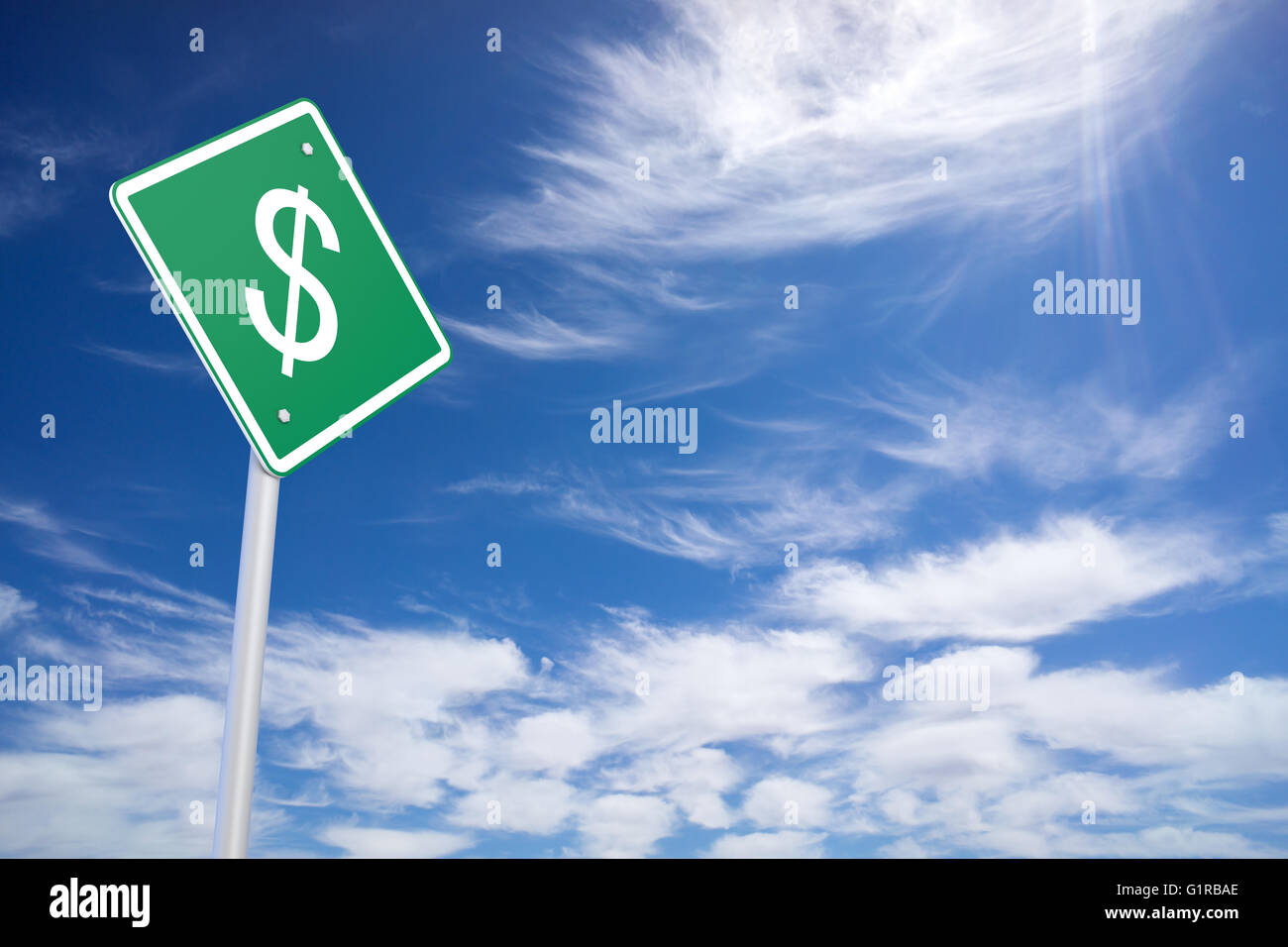 Green Road Sign with Dollar Sign Inside on Blue Sky Background Stock ...