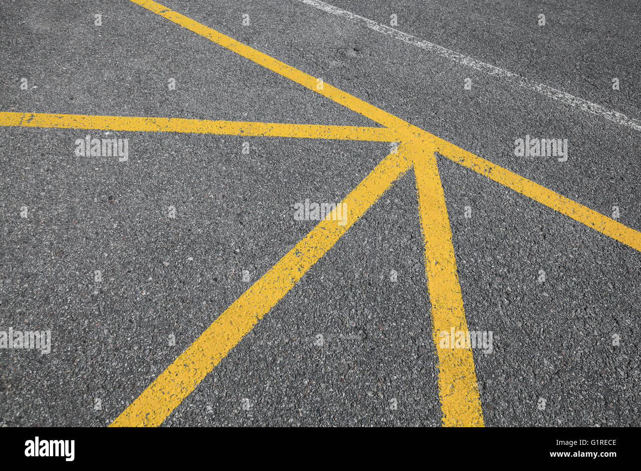 Yellow dividing lines on dark asphalt, abstract road marking background ...
