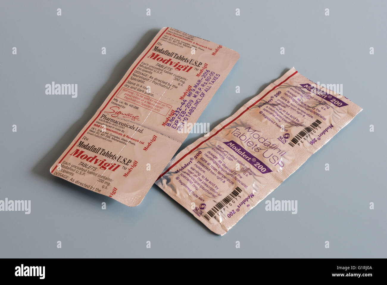 Modalert and Modvigil modafinil tablets in their packages Stock Photo ...