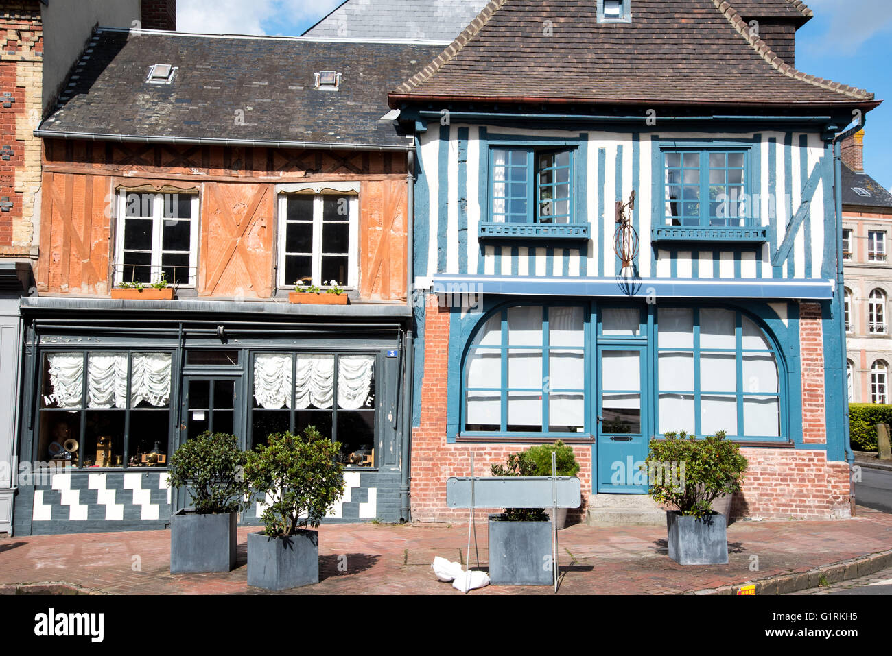 Pretty half-timbered buildings in French village of Beaumont-en-Auge ...