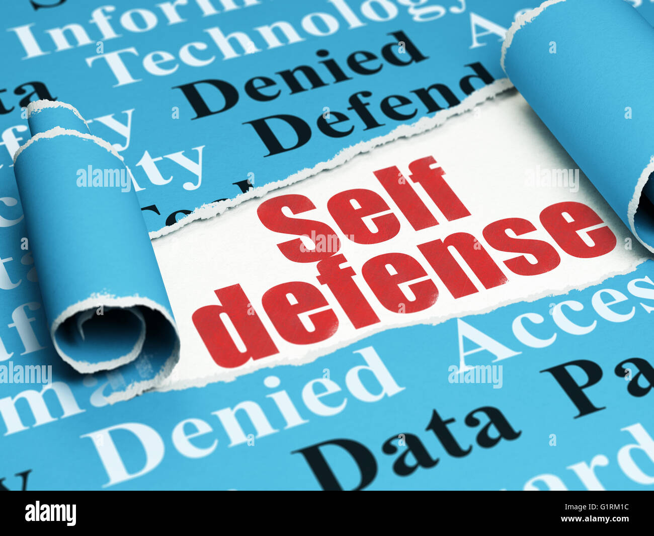 Safety concept: red text Self Defense under the piece of torn paper ...