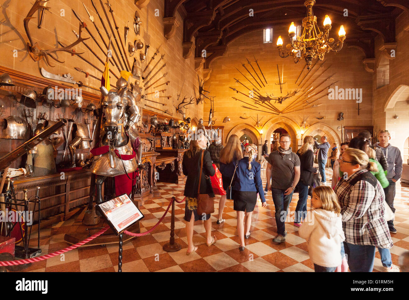 Tourists in the Great Hall, Warwick Castle interior, Warwickshire ...