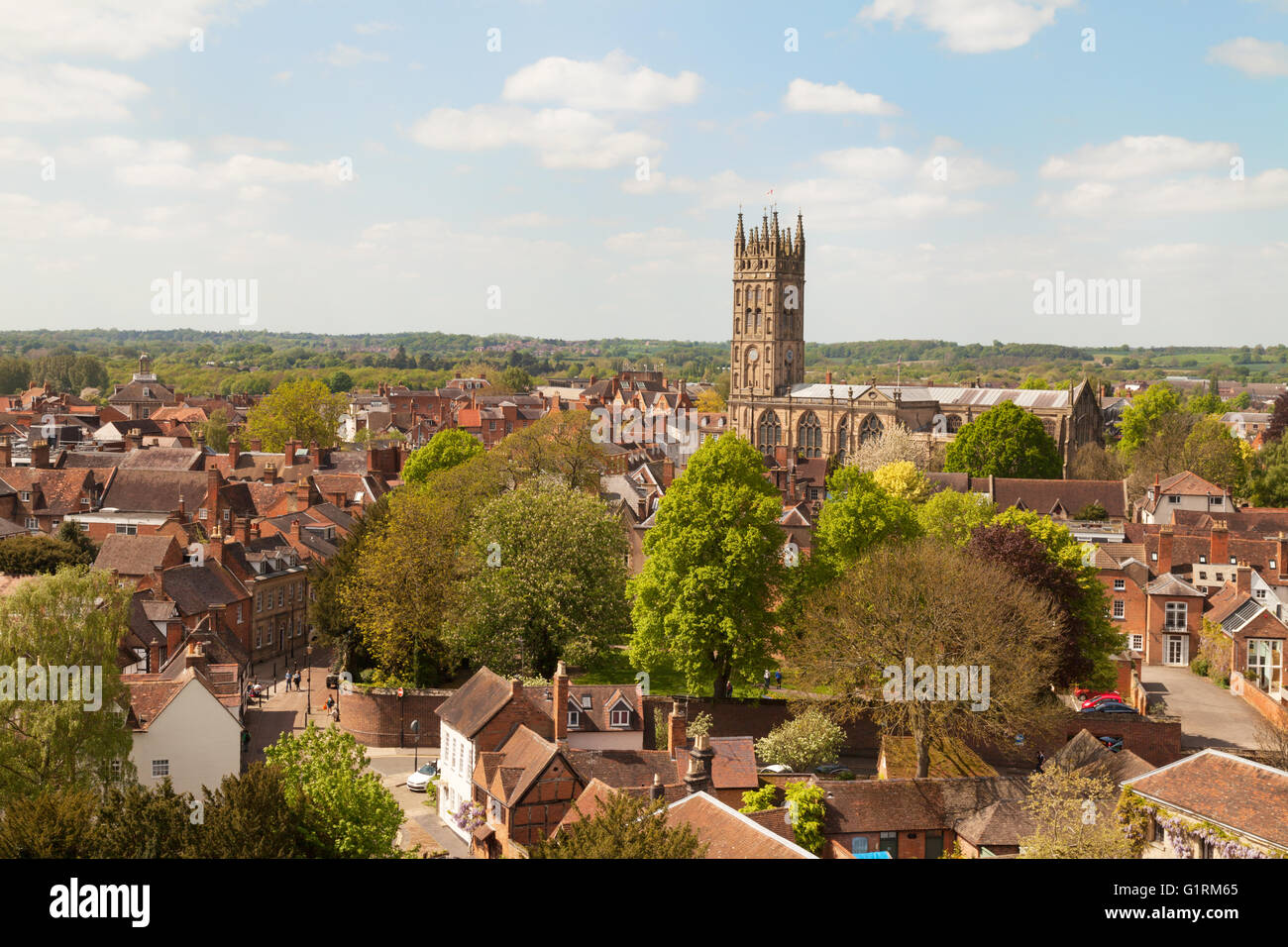 Warwick UK; A view of the skyline of Warwick town and St Mary's Church ...