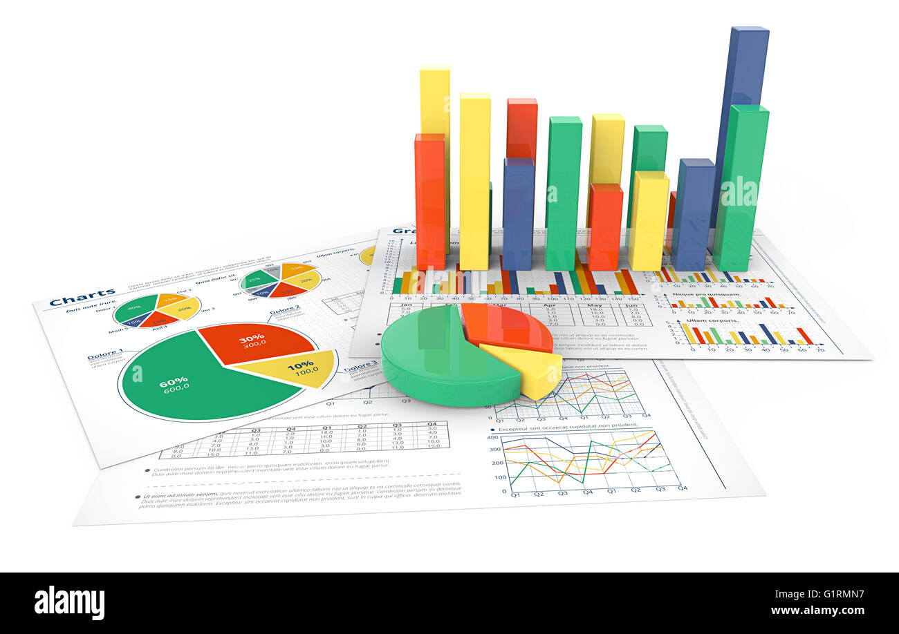 3d illustration of Financial documents with colorful 3D graphs and pie ...