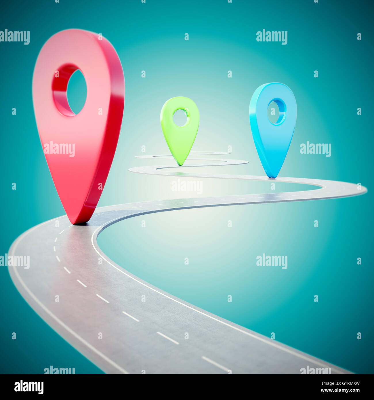 Road path going forward on blue background with colorful pin pointer ...