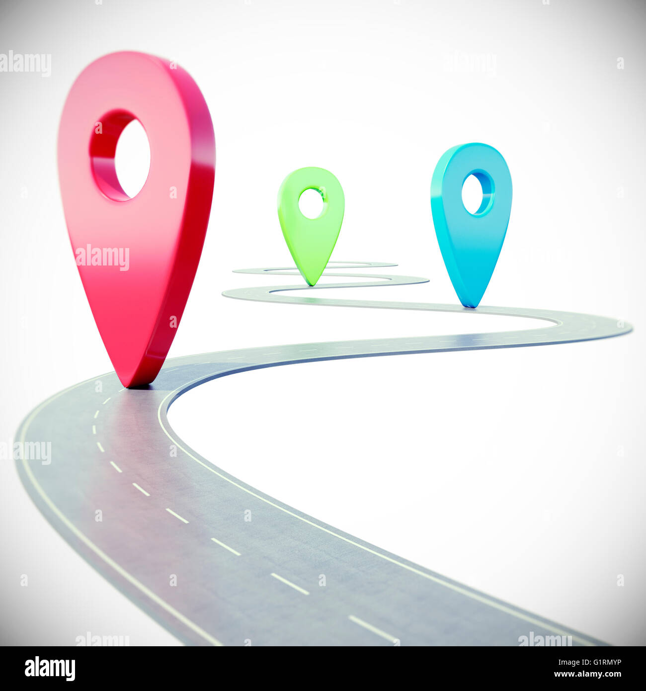 Road path going forward on white background with colorful pin pointer ...