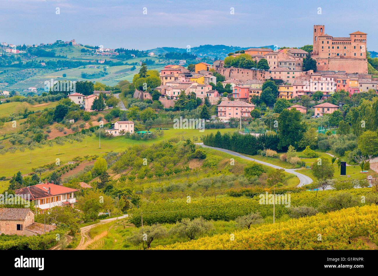 beautiful medieval village on a hilltop overlooking the valley Stock ...