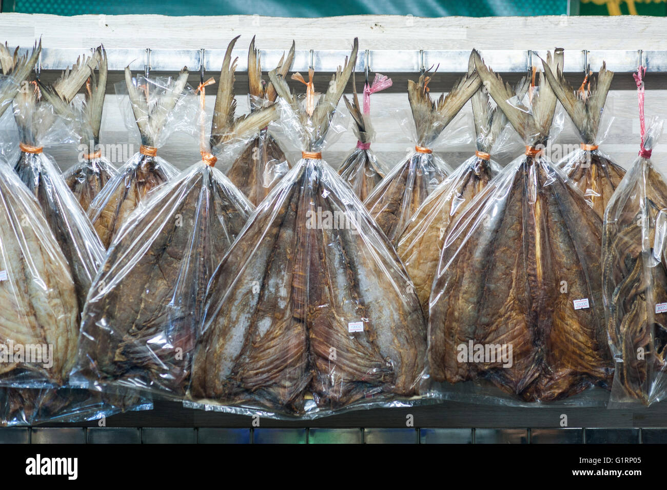 Dried fish on a shop stalls in Ngwe Saung resort in Myanmar Stock Photo ...