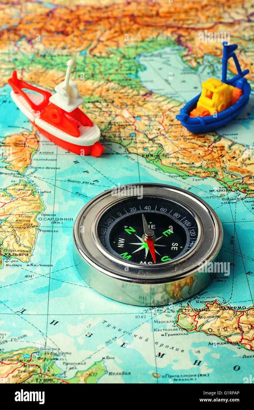 Old map of the area and symbolic of marine boat Stock Photo - Alamy