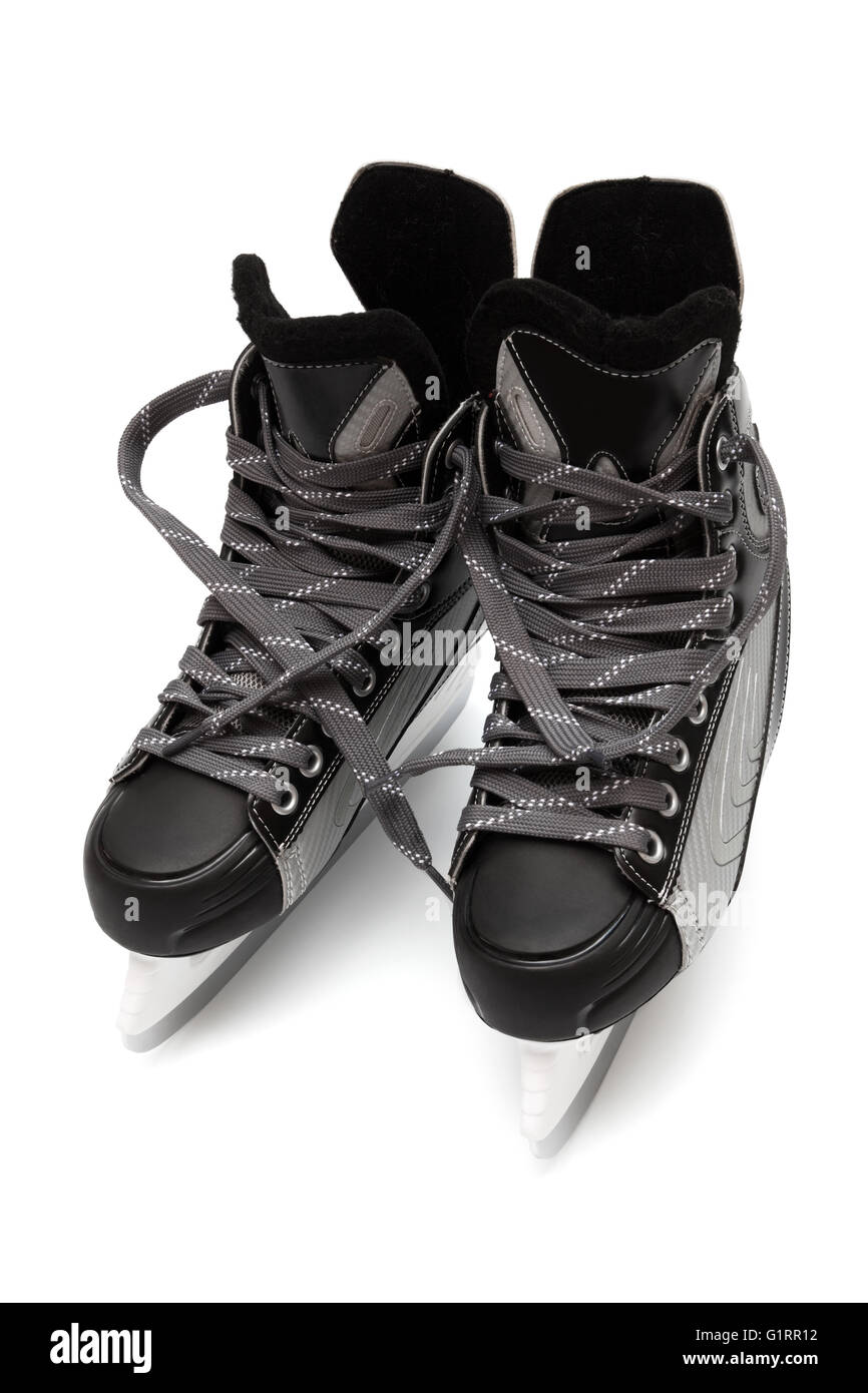 new and modern black skates on white background Stock Photo - Alamy
