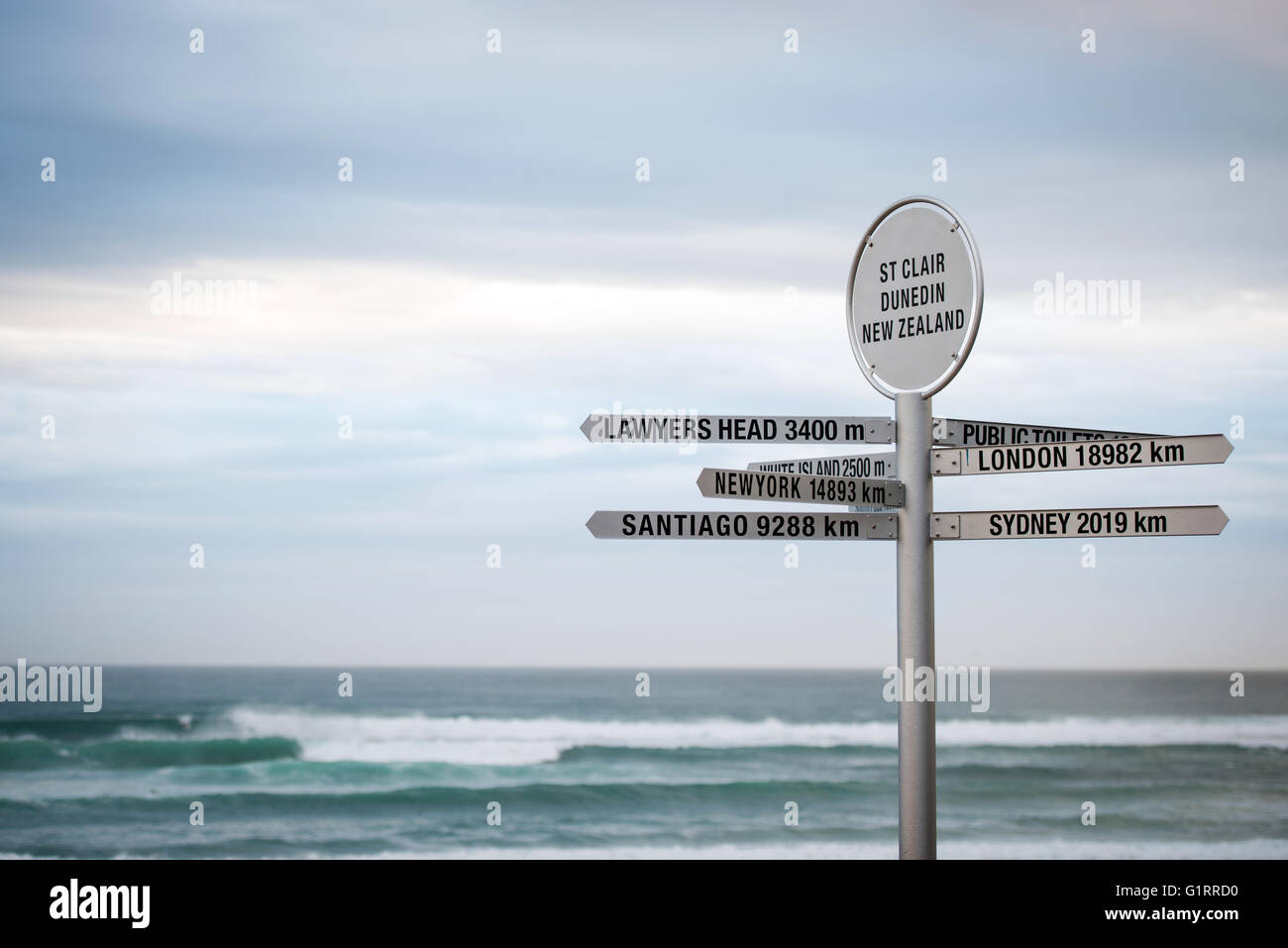 Sign with distances from St. Clair Beach, Dunedin, New Zealand Stock ...
