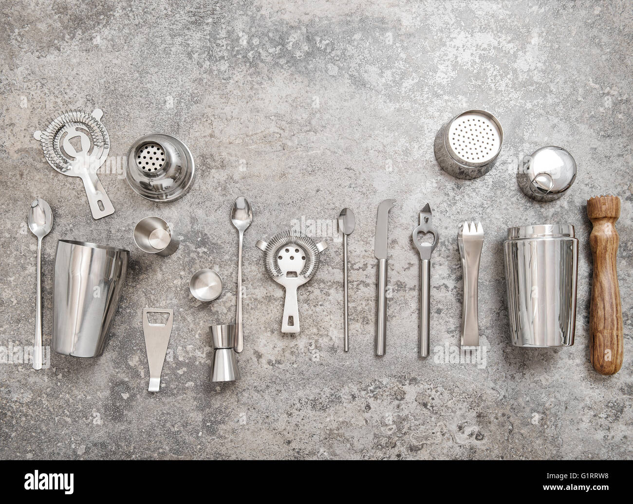 Bar tools for making cocktail. Shaker, jigger, strainer, spoon. Food ...
