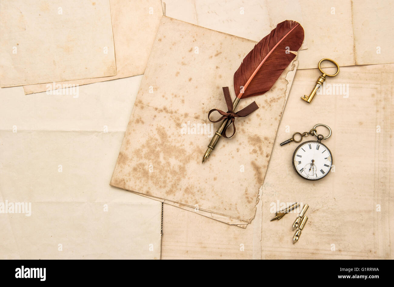 Vintage papers and ink pen. Nostalgic sentimental background for ...