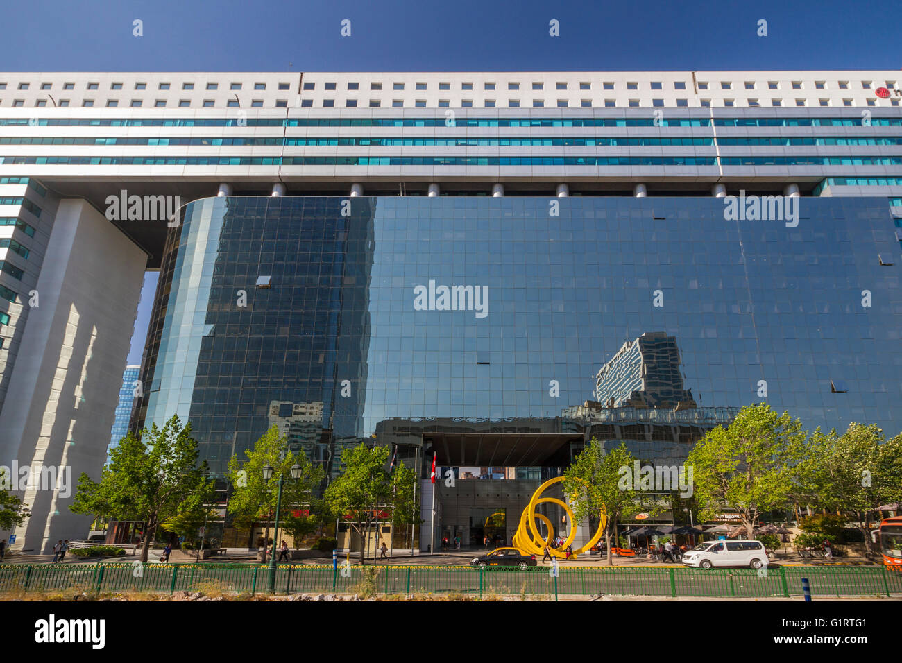 A high-rise building with reflections in Santiago, Chile, South America ...