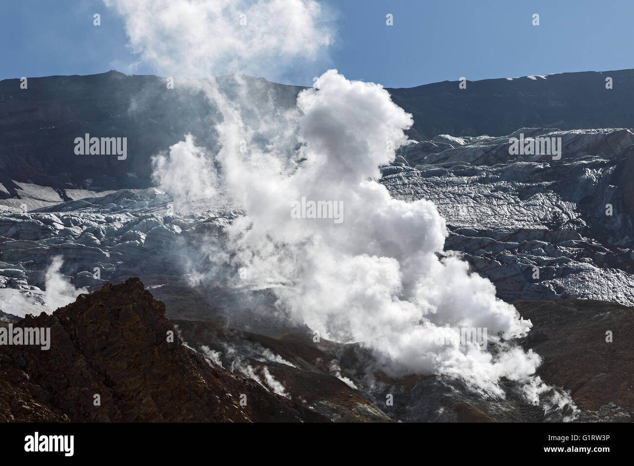 Fuming fumarole in crater of active Mutnovsky Volcano of Kamchatka ...