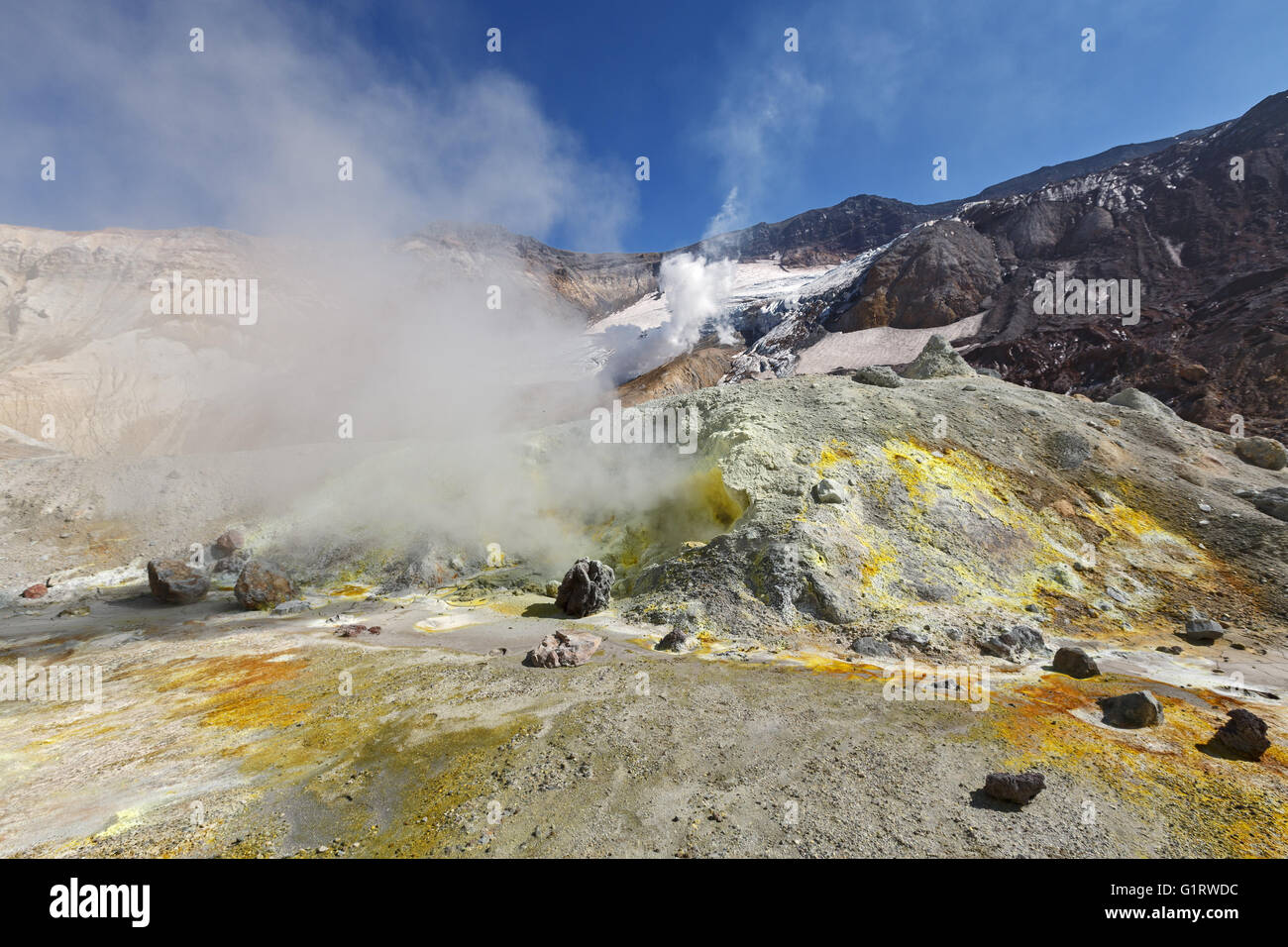 Volcanic landscape of Kamchatka: brimstone and fumarole field in crater ...