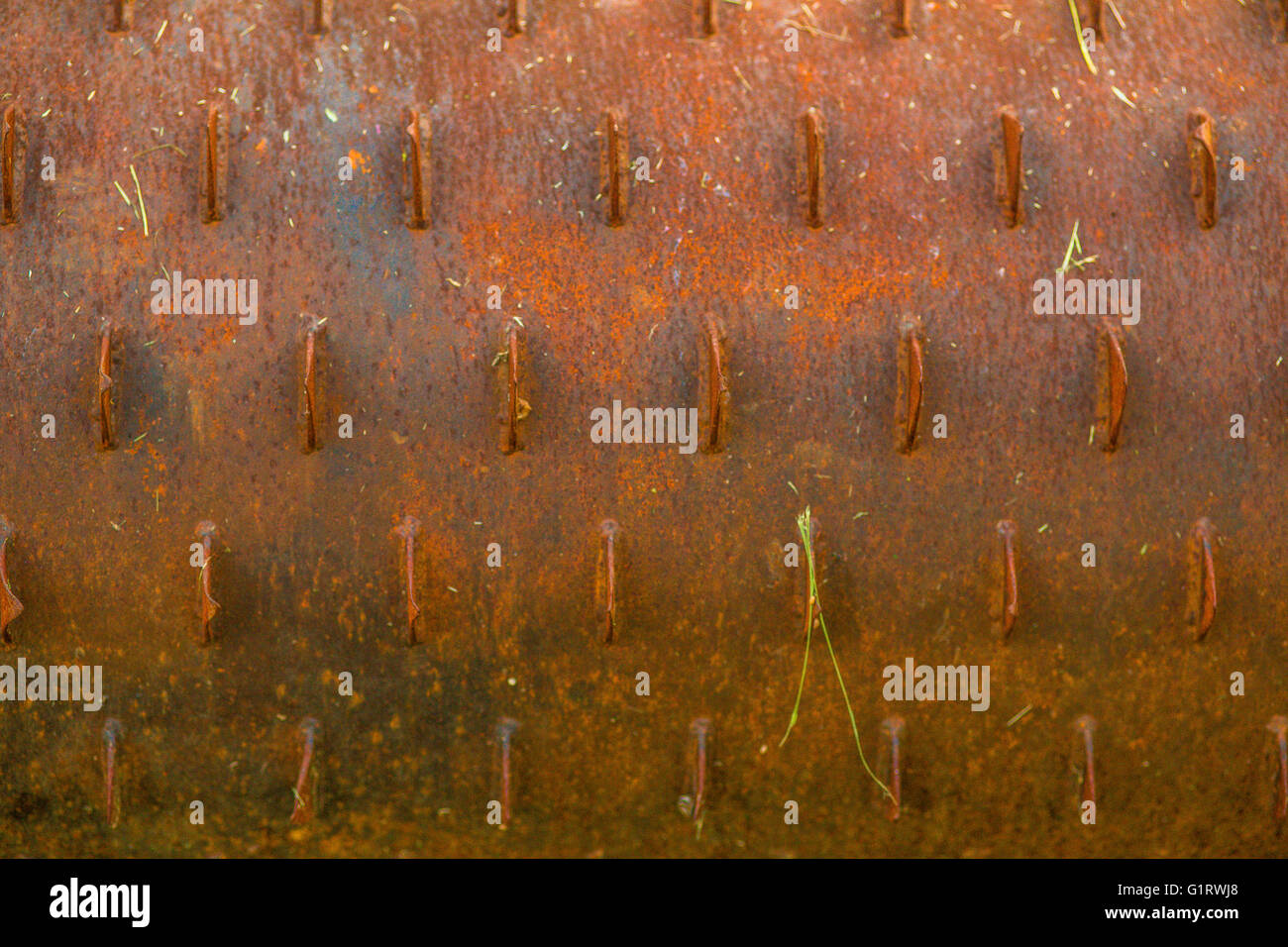 rusty iron cylinder with sharp points to puncture the grassy surface of ...
