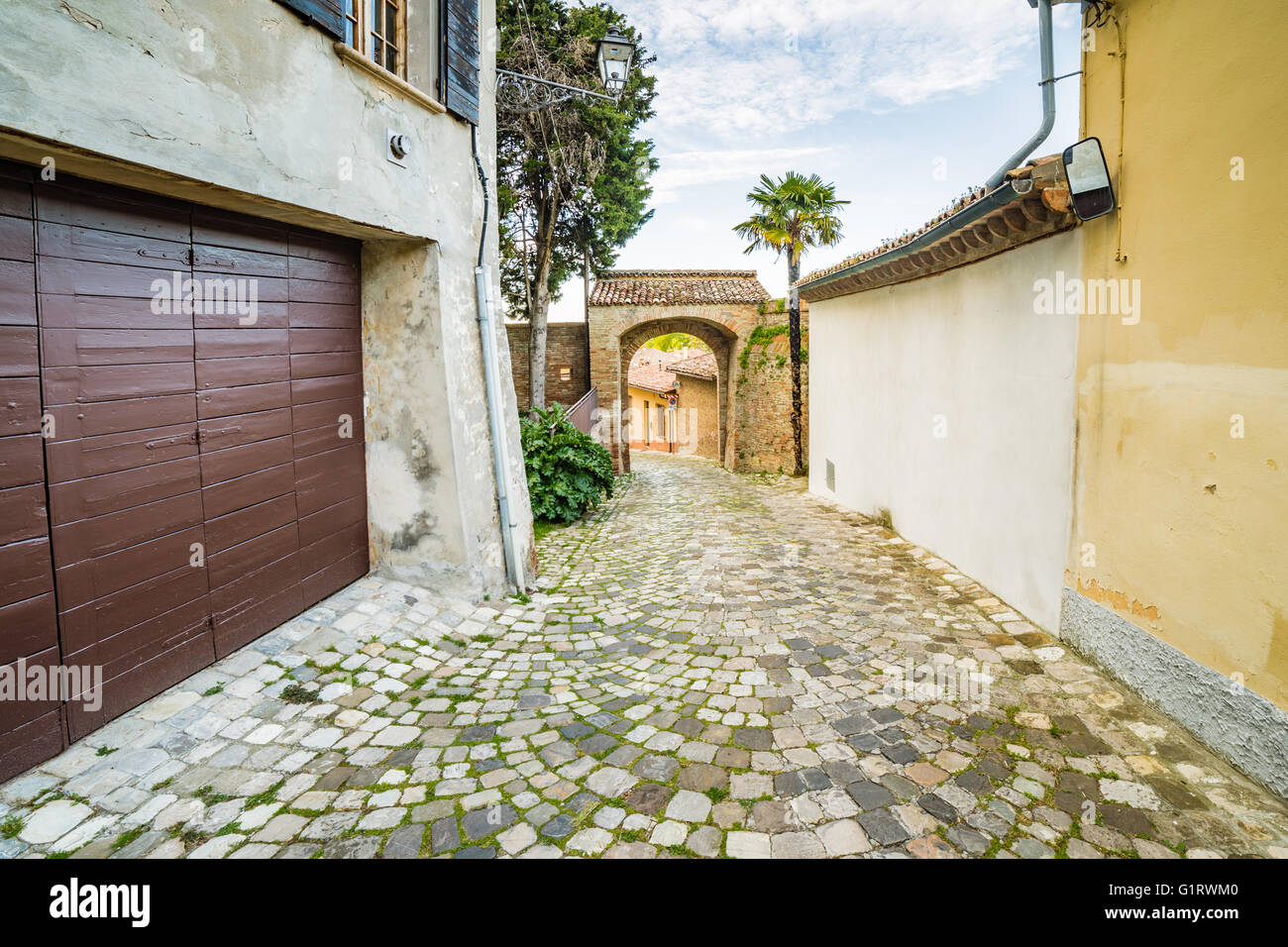 cobbled streets streets of a small hilltop village in Emilia Romagna in ...