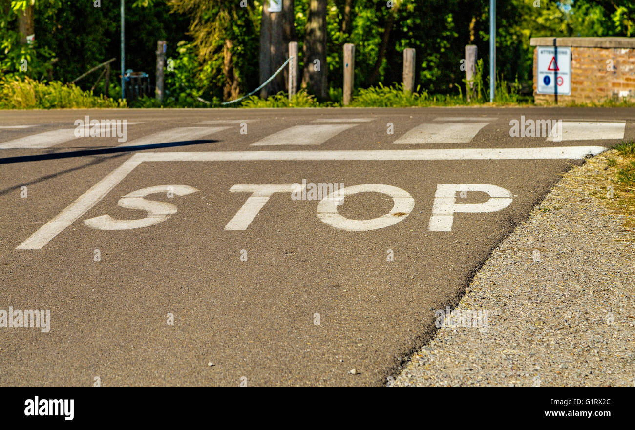 the word stop written on a paved road Stock Photo - Alamy