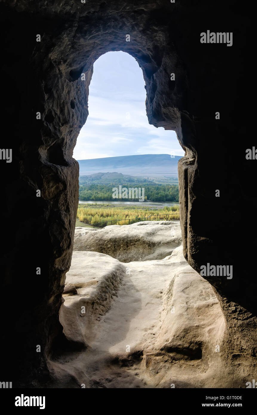 A crevice of old cave where humans was inhabited in ancient Uplistsikhe ...
