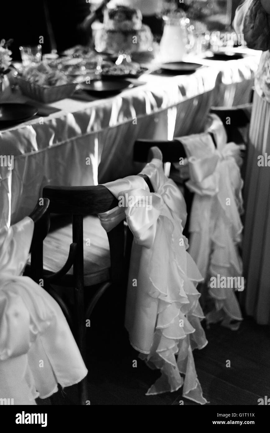 Decorated white wedding table Black and White Stock Photos & Images - Alamy