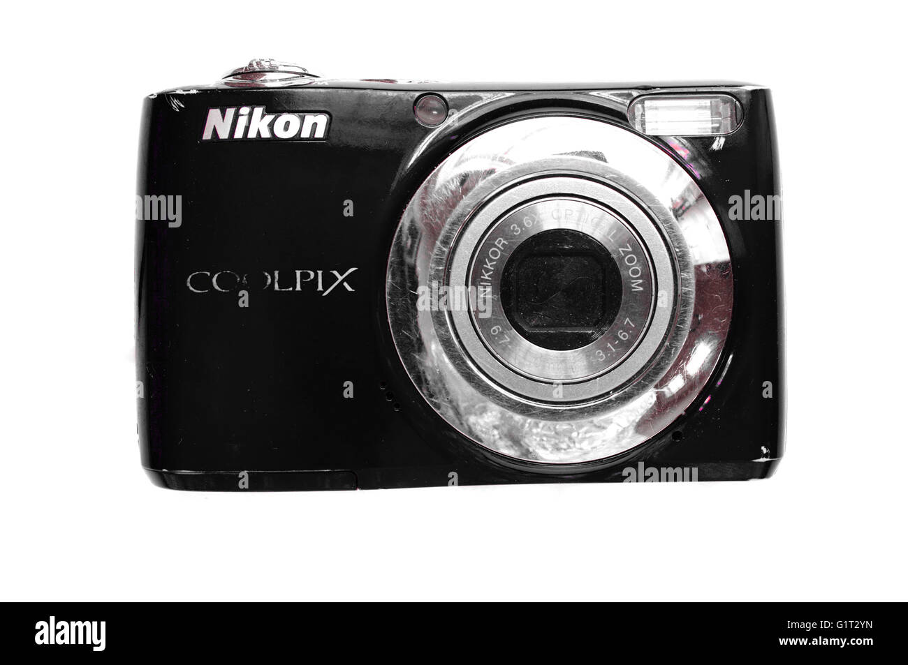 A Black Nikon digital camera photographed against a white background ...