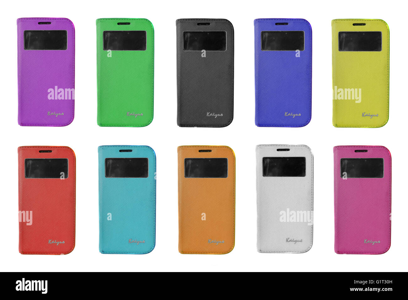 A grid of different coloured phone covers against a white background ...
