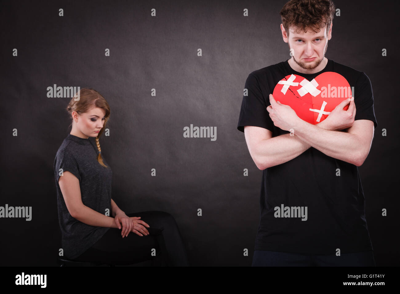 Broken heart difficult love concept. Sad unhappy couple woman and man ...