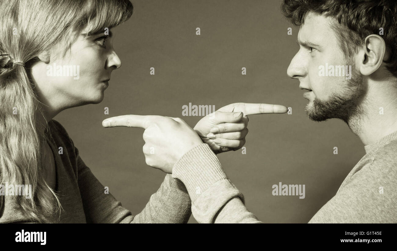 Negative emotions concept. People in fight. Husband and wife arguing and yelling on each other ...