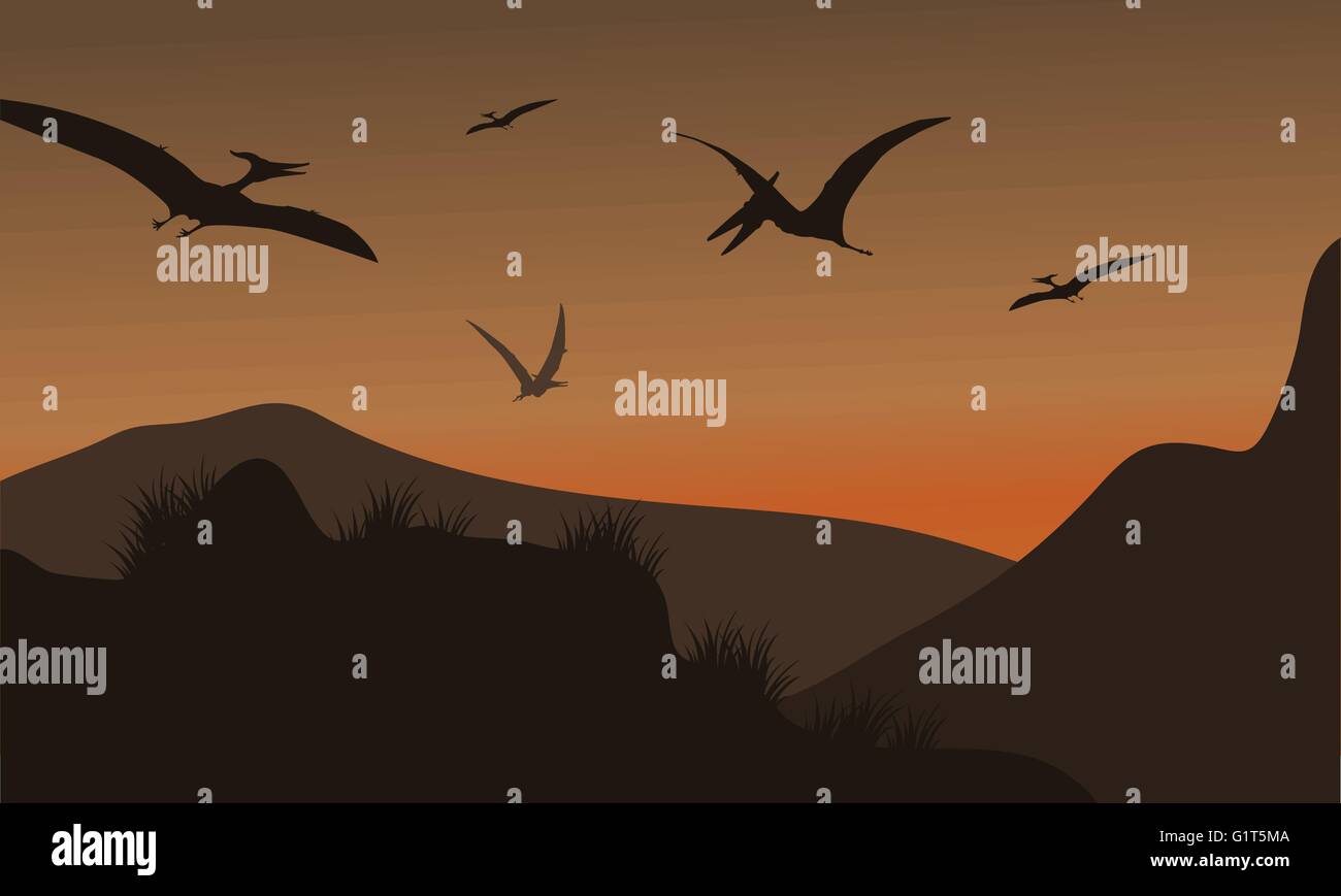 Silhouette of pterodactyl flying at afternoon Stock Vector Image & Art ...