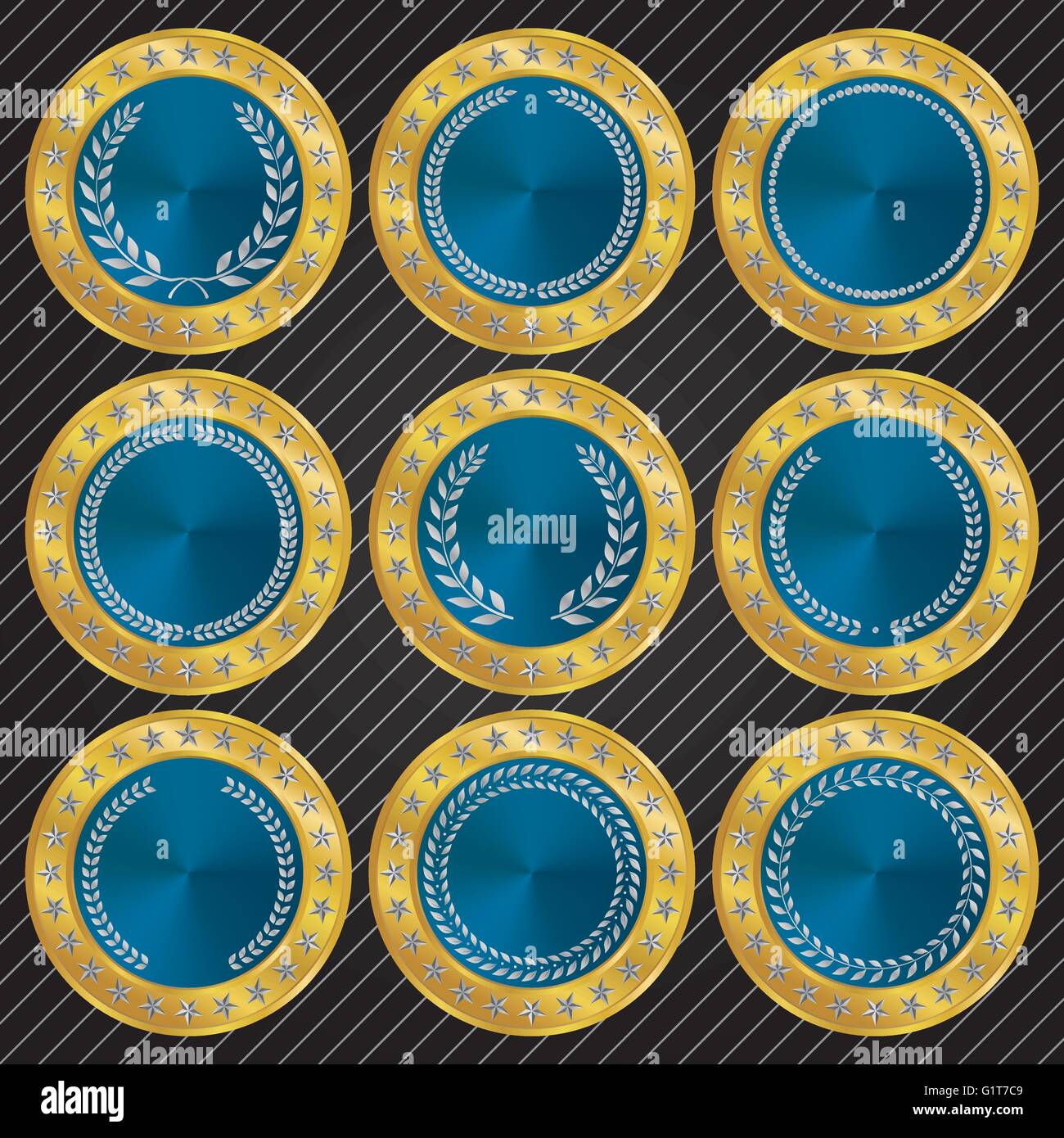 Metallic Blue Medallions and Medals with Laurel Wreath Collection Stock ...