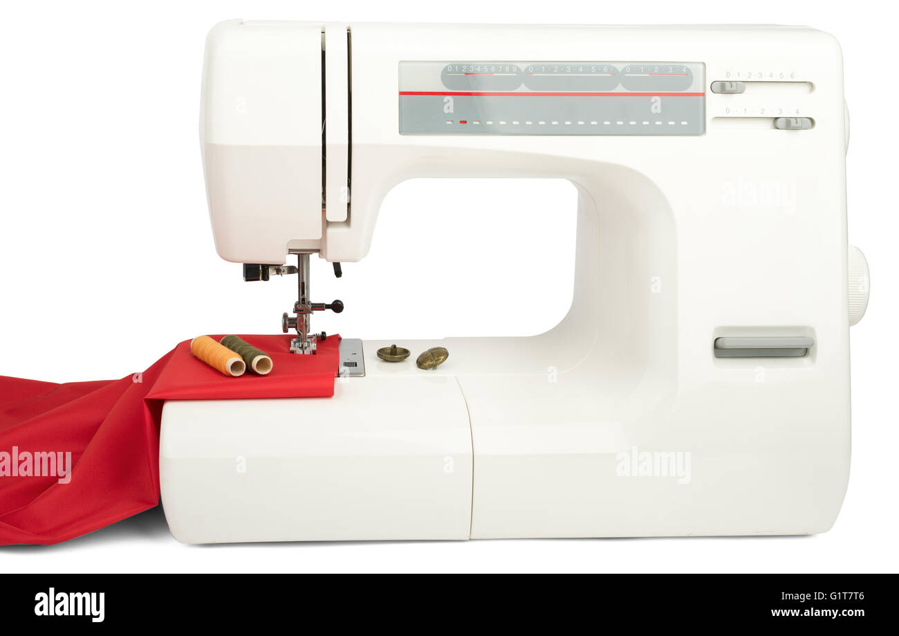 Sewing machine and red fabric isolated on white Stock Photo - Alamy
