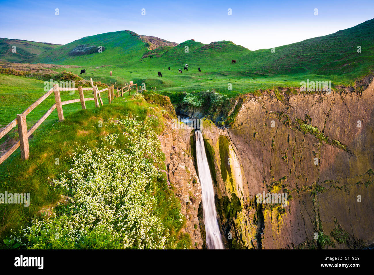 The waterfall at Speke's Mill Mouth, Hartland, North Devon, England ...