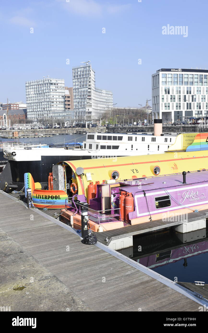 Various barges and pleasure boats moored at Albert Dock, Liverpool ...