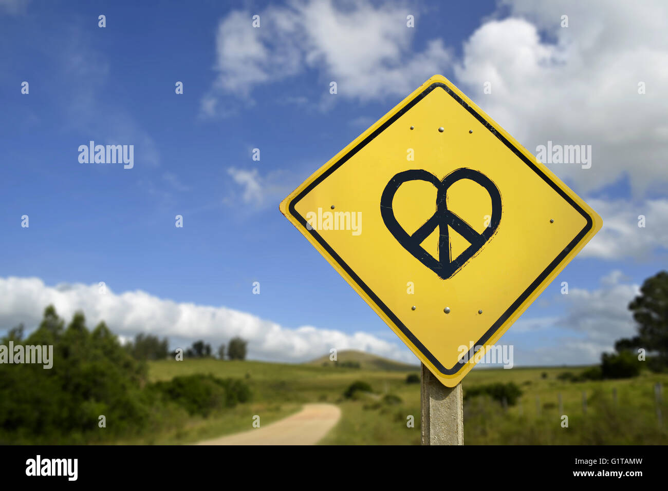 Way to peace and love, inspirational hope concept. Road sign with heart ...