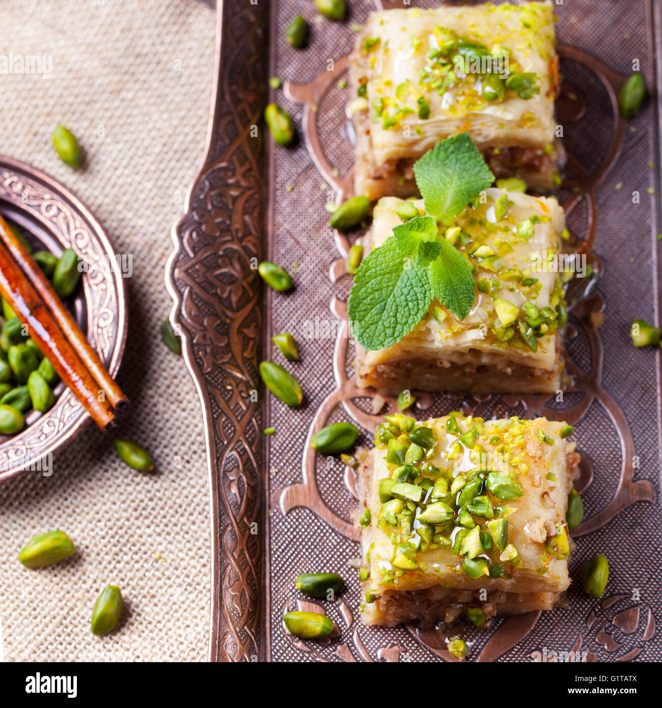 Turkish pistachio and phyllo pastry dessert, baklava Stock Photo - Alamy
