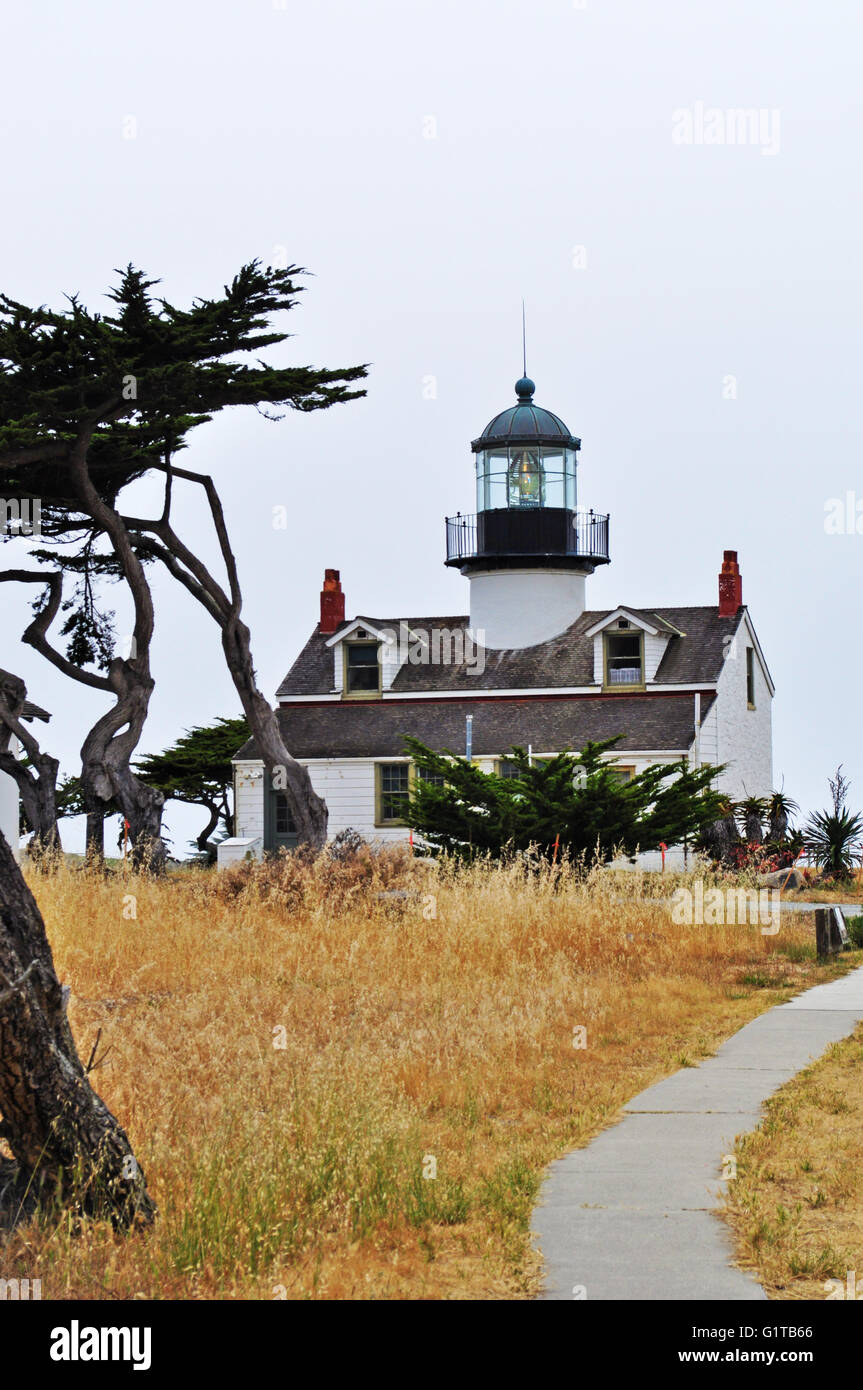California, Monterey: the footpath to the Point Pinos Lighthouse, lit ...