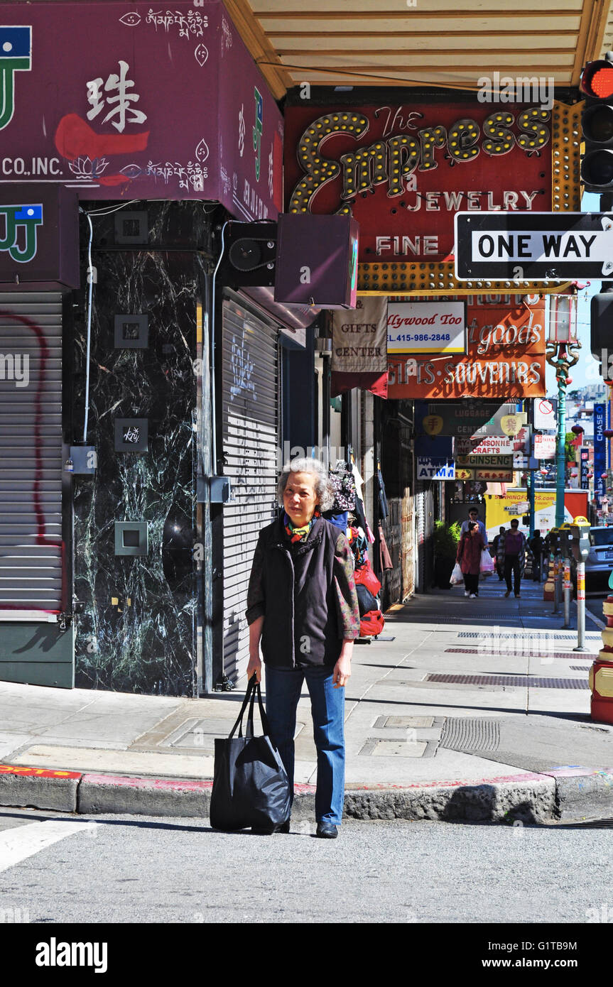 San Francisco, California, Usa: old Chinese women crossing the street ...