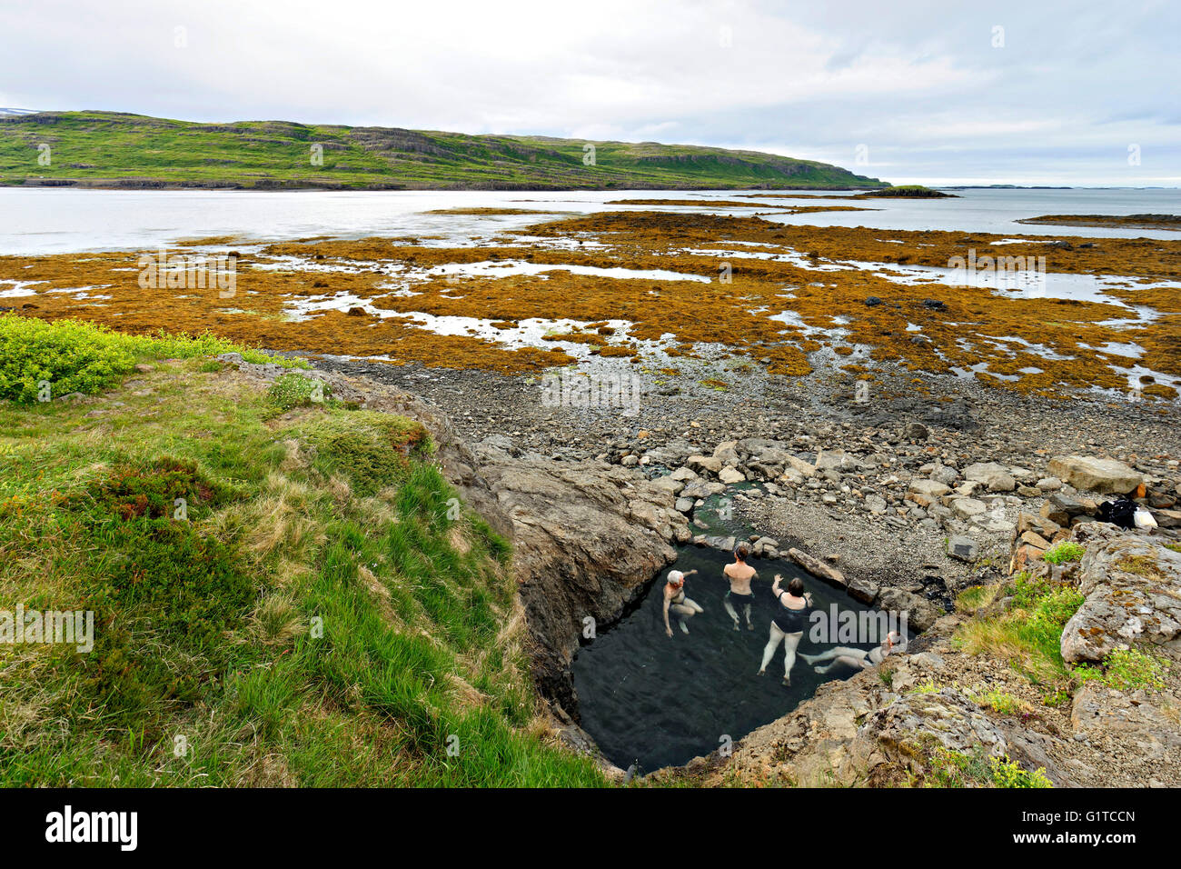 Group of people bathing in a natural thermal spring ( Hellulaug ...