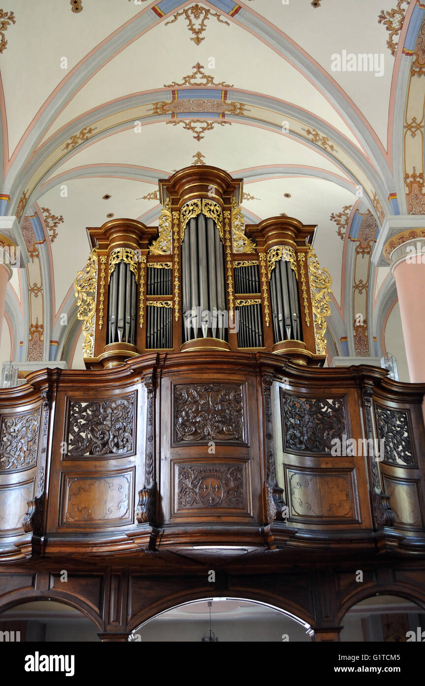 The Baroque organ and carved wooden gallery in the Catholic Church of ...
