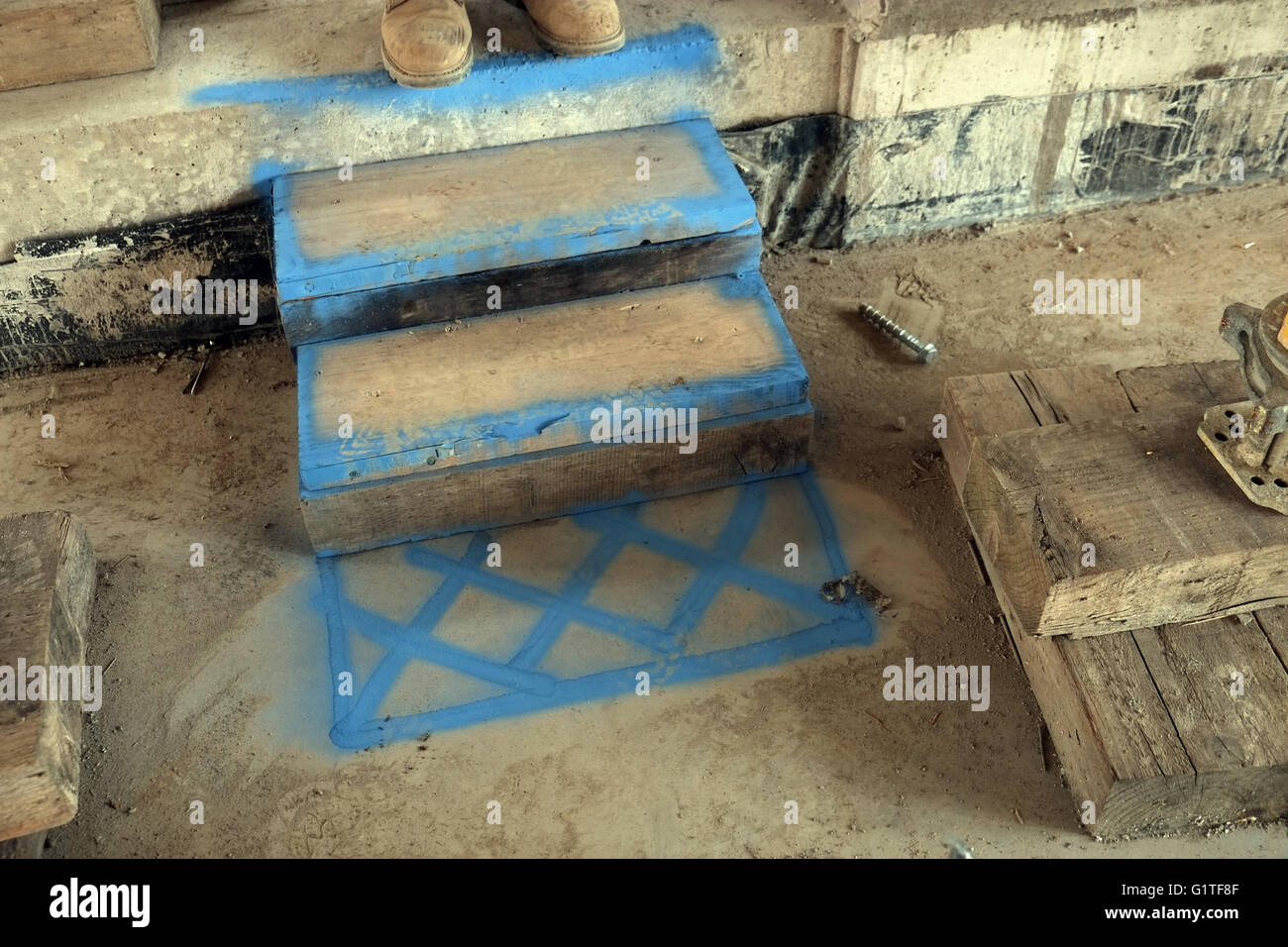 Temporary steps highlighted with bright blue cross hatched paint, May ...