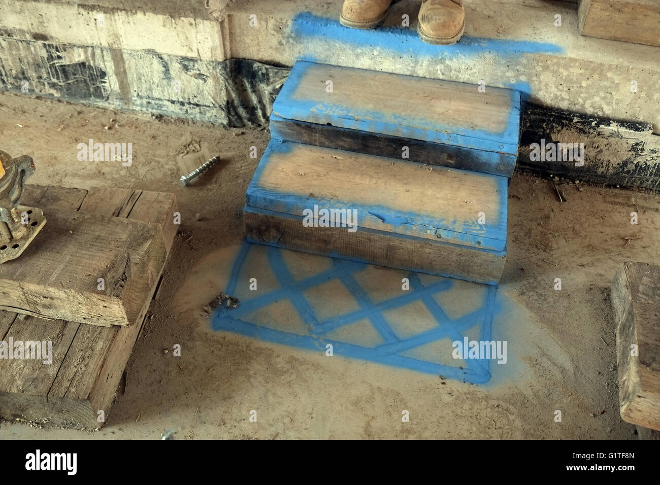 Temporary steps highlighted with bright blue cross hatched paint, May ...