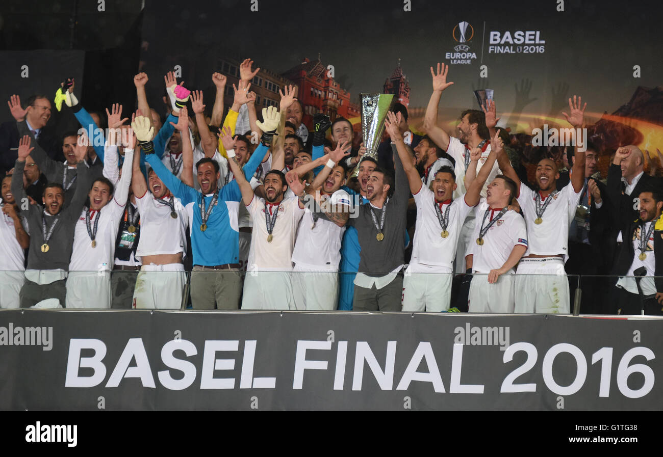 Basel, Switzerland. 18th May, 2016. Sevilla player and staff celebrate ...