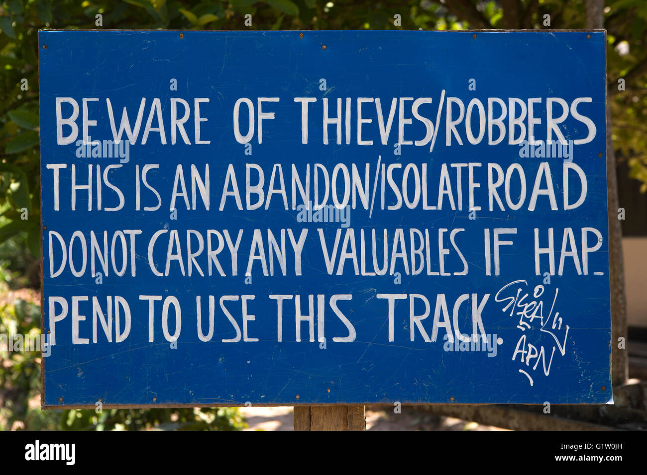 Sri Lanka, Ella, sign warning of robbery risk beside railway line Stock ...