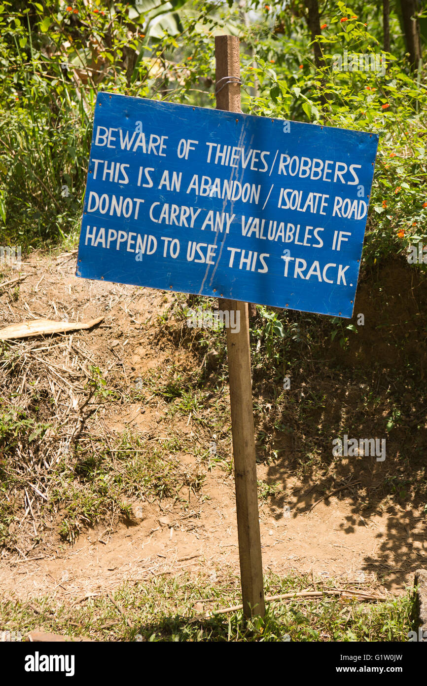 Sri Lanka, Ella, sign warning of robbery risk beside railway line Stock ...