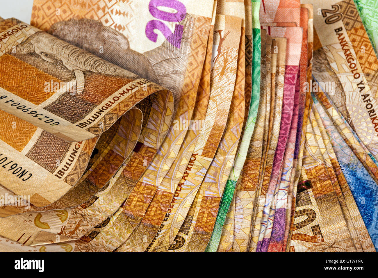 Close up spread of various South African Bank note background Stock ...