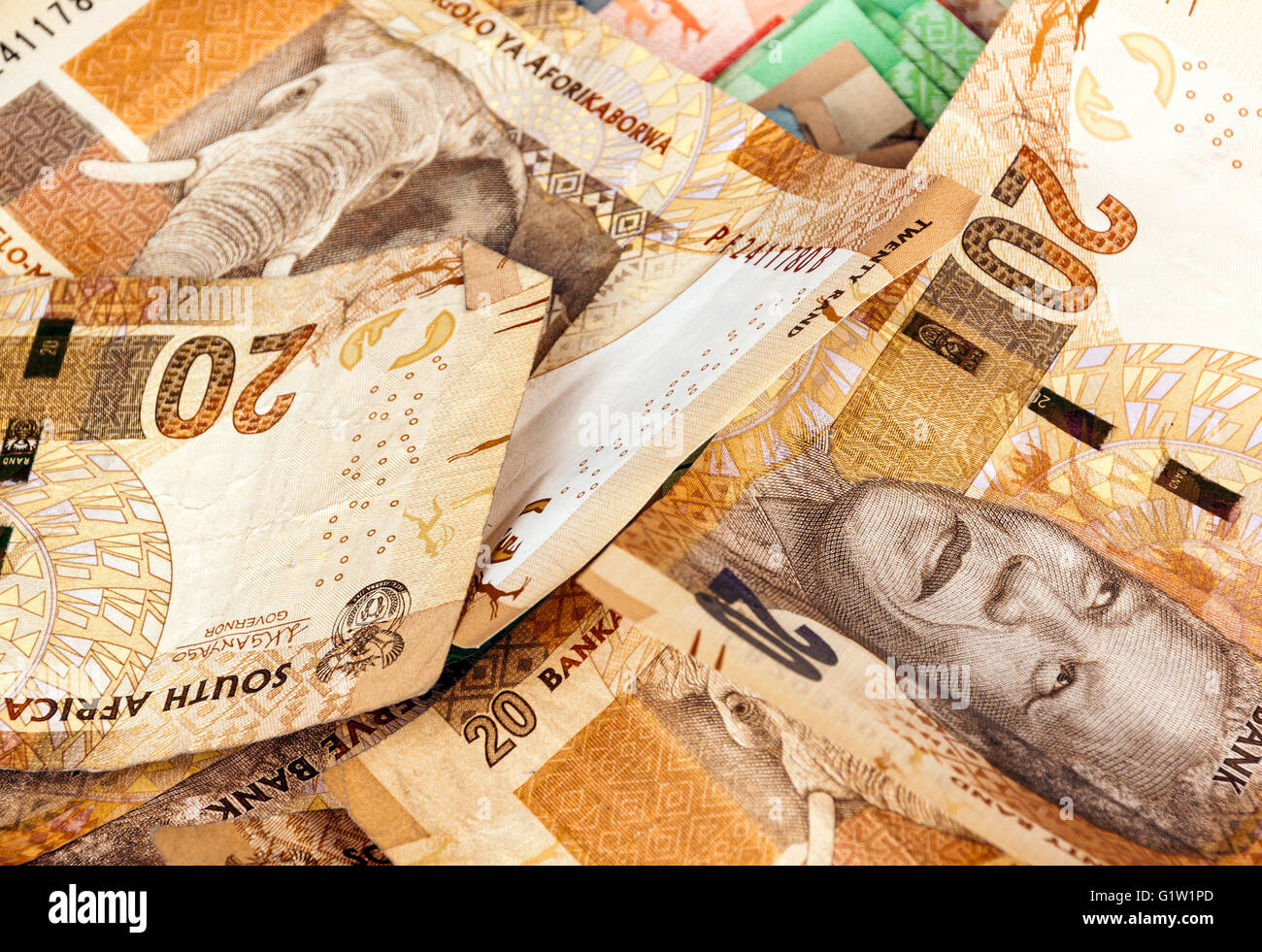 Close up of scrambled brown twenty rand bank note background Stock ...