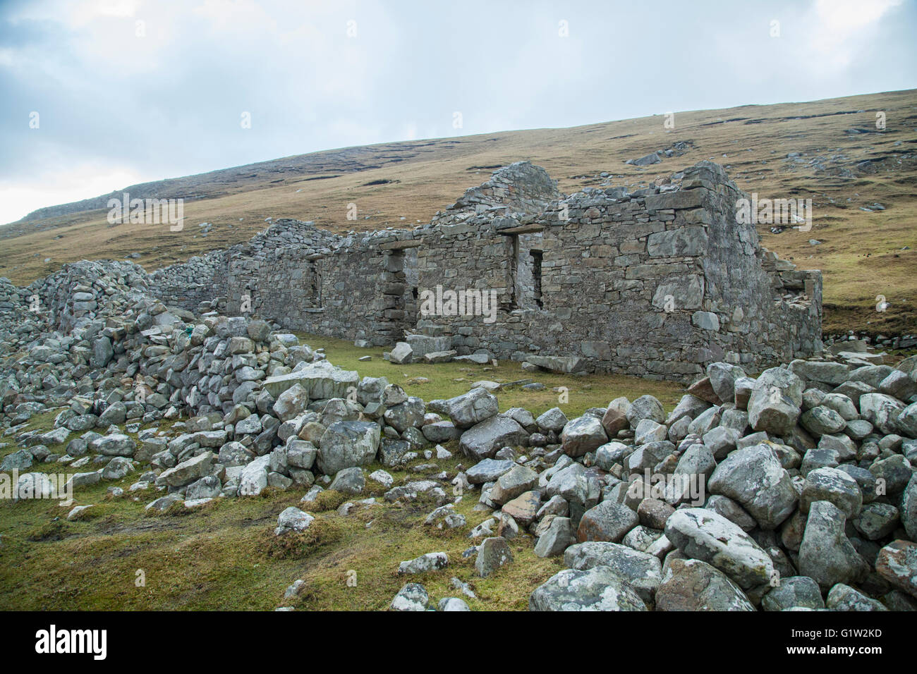 Abandoned stone cottage at the Famine village of Port in Glencomcille ...