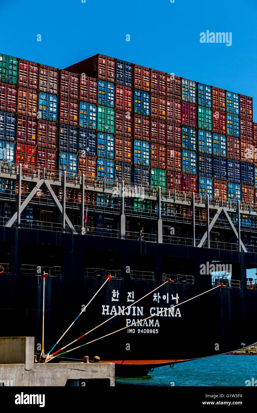 A Hanjin ship at the Port of Oakland California USA. Hanjin has filed ...